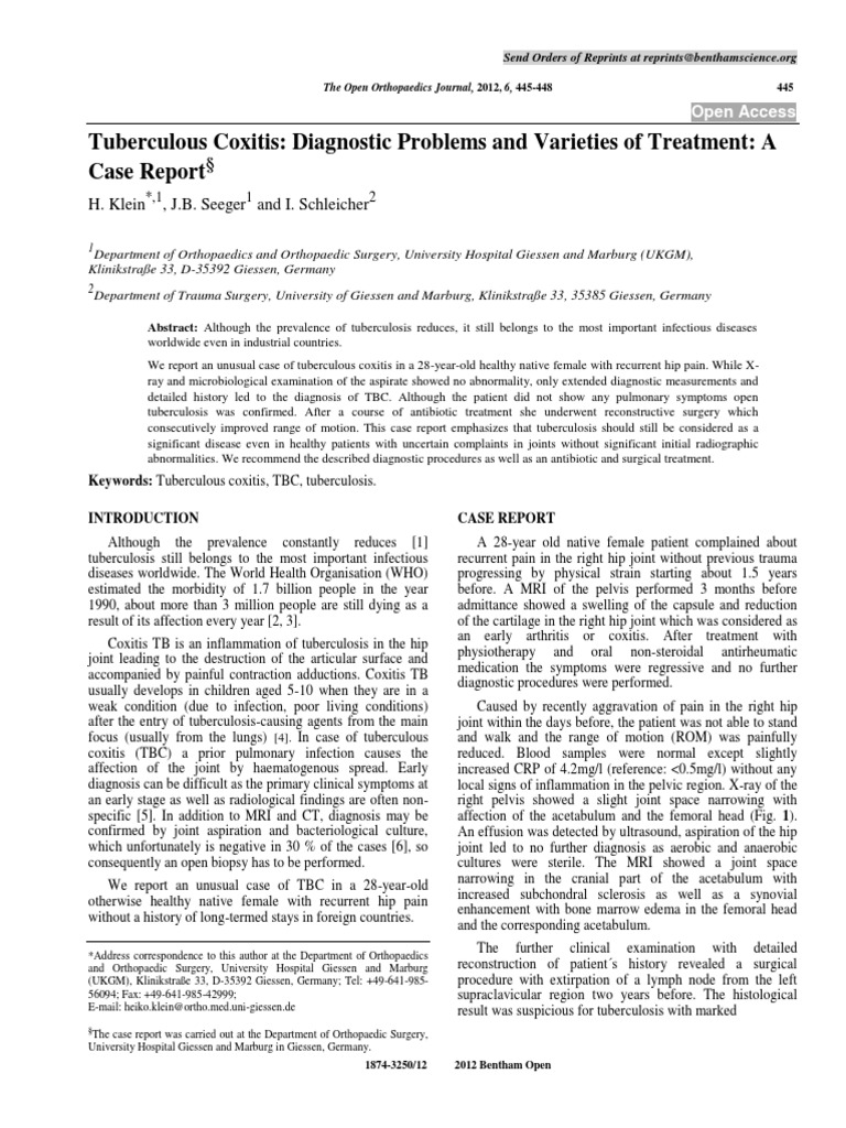 Tuberculous Coxitis: Diagnostic Problems and Varieties of Treatment: A ...