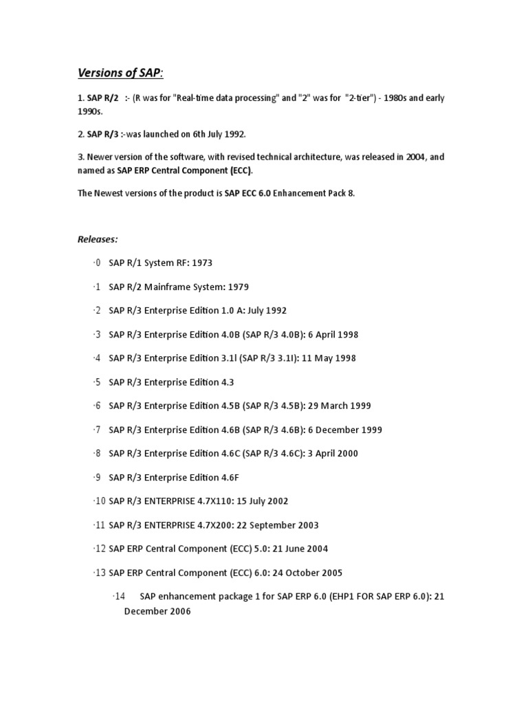 Versions of SAP:: Releases | PDF