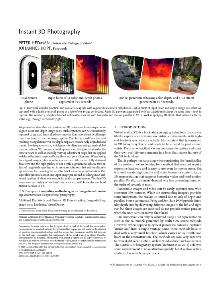 Instant 3D Photography: Peter Hedman, Johannes Kopf | PDF | Virtual ...