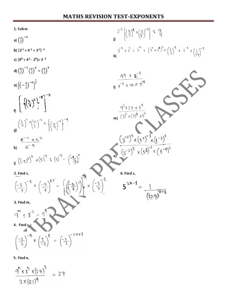 Maths Revision Test-Exponents: 1. Solve: A) B) (2 + 4 + 3) C) (4 + 4 ...
