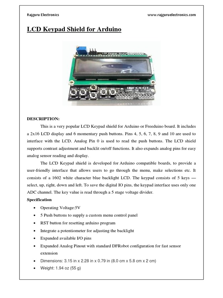 1602 Arduino Shield LCD PDF | PDF | Arduino | Liquid Crystal Display