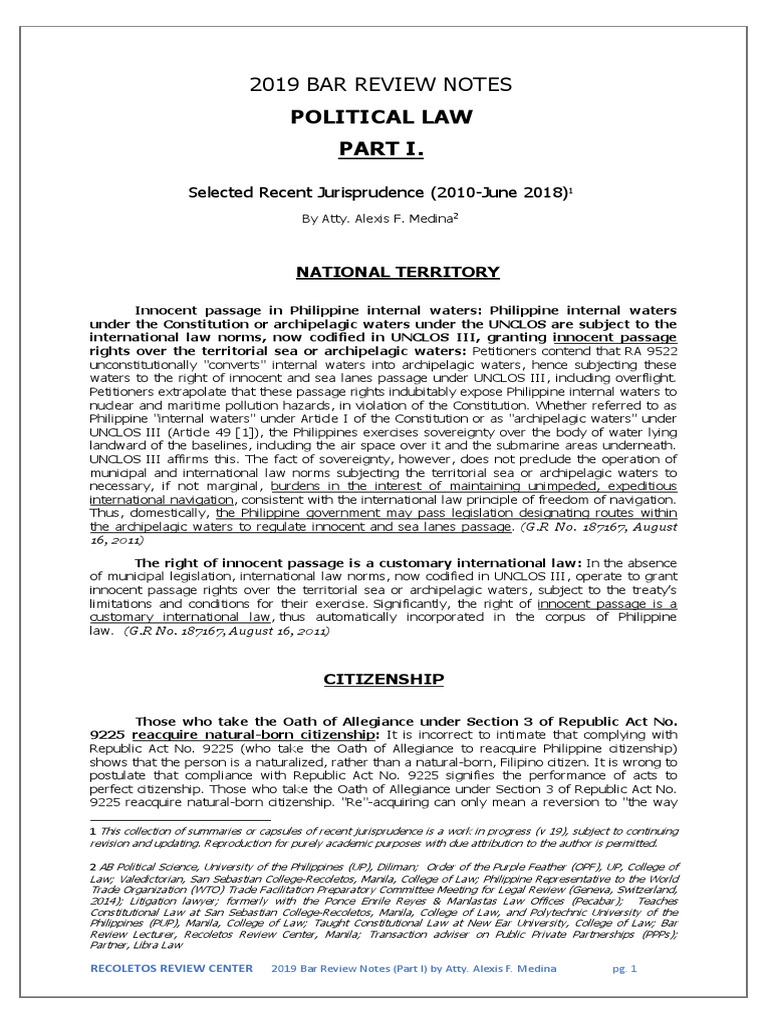 Political Law Reviewer Bar 2019 Part 1 V 19 by Atty. Alexis Medina SSCR ...