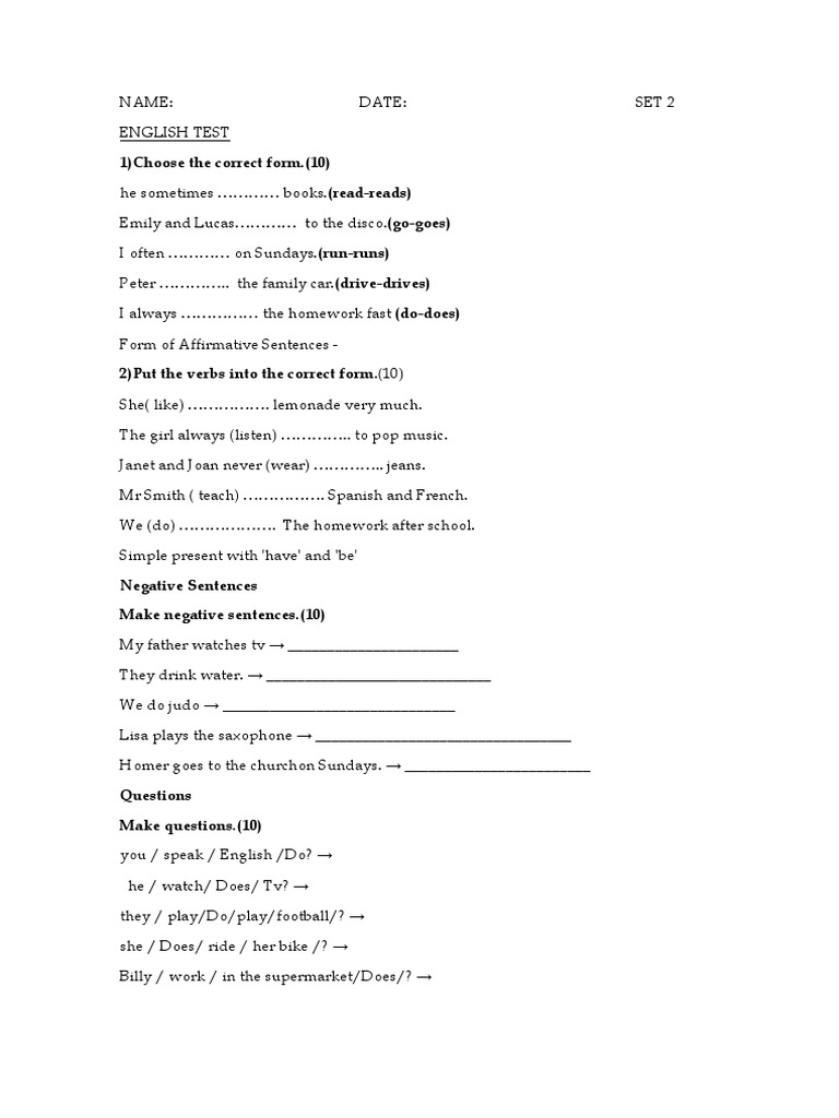 Present Simple Test | PDF