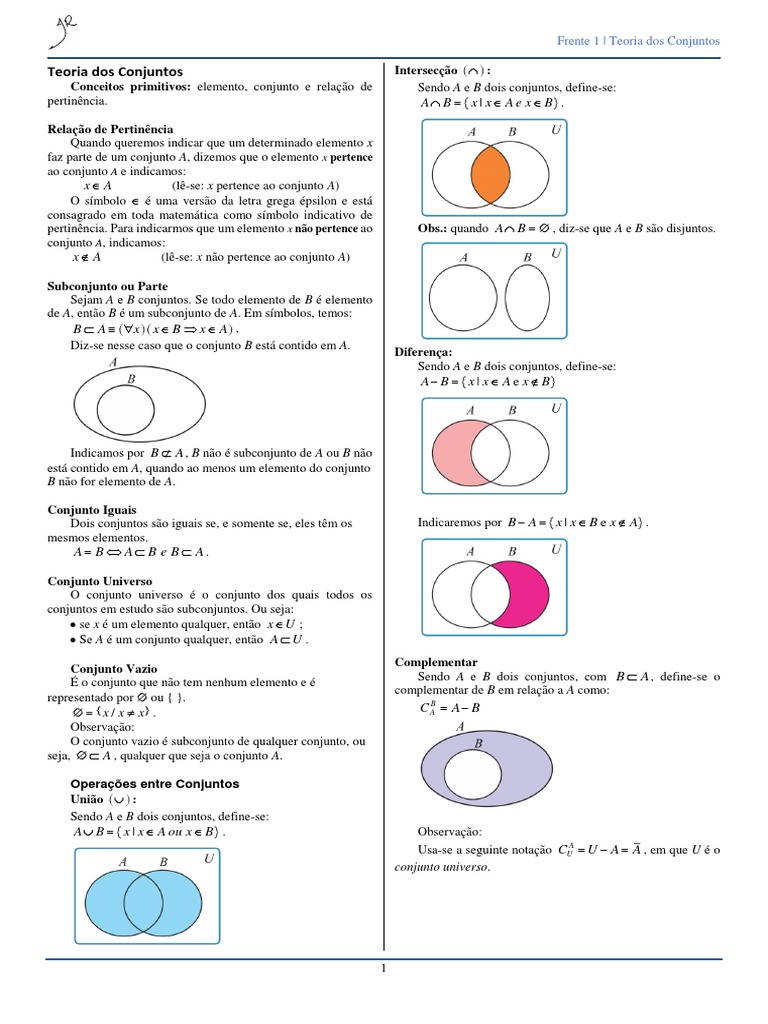 01 - Frente 01-Teoria Dos Conjuntos | PDF | Conjunto (Matemática) | Lógica