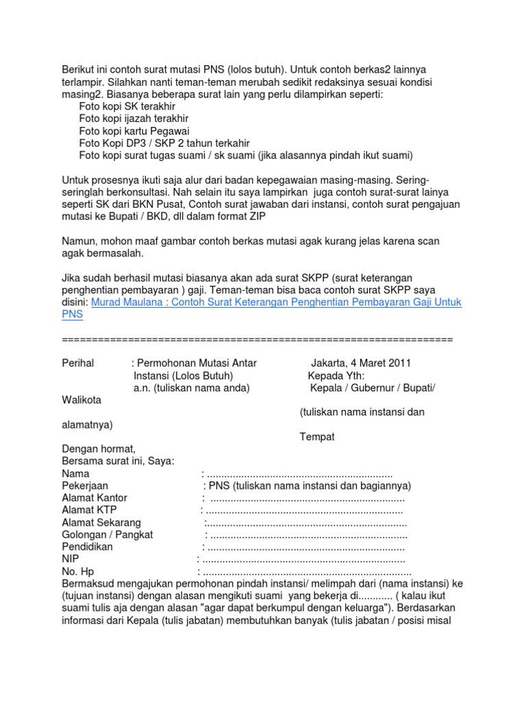 Berikut Ini Contoh Surat Mutasi PNS | PDF