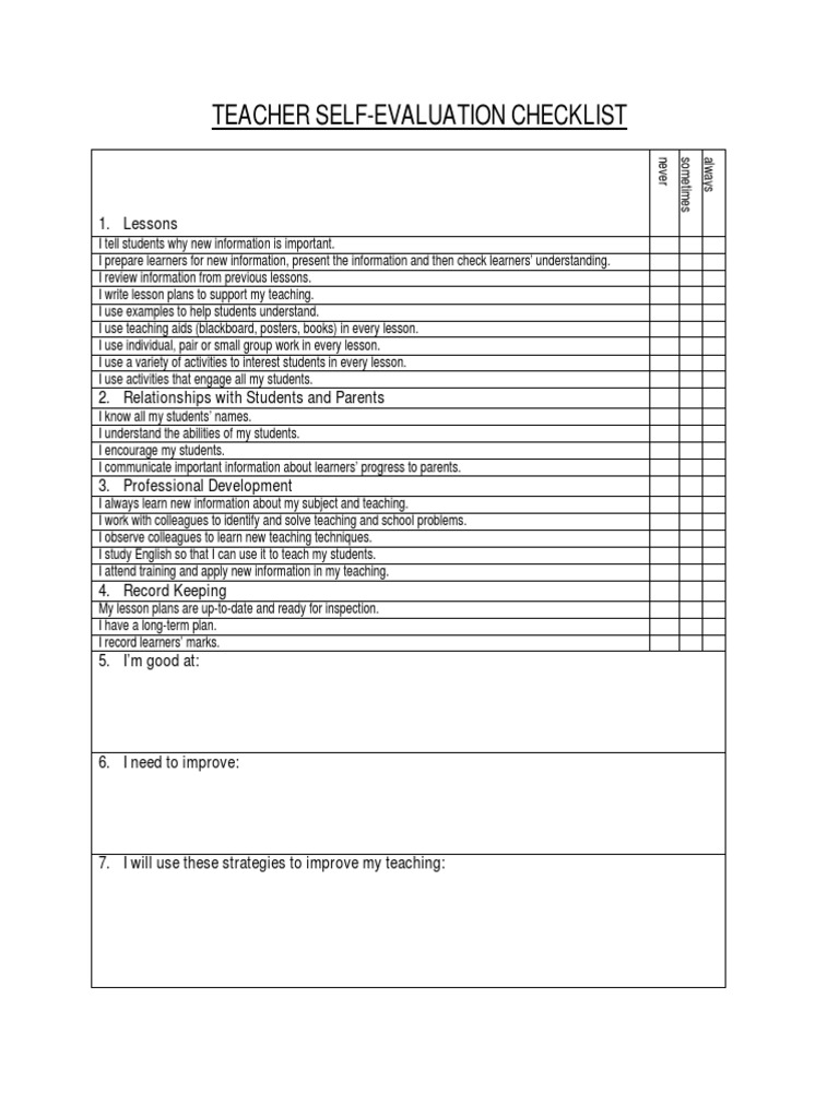 Teacher Self Evaluation Checklist | PDF