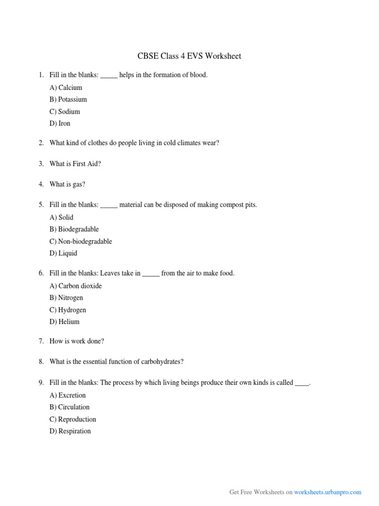 Class 4 EVS Worksheets with Answers | PDF | Carbon | Biodegradation