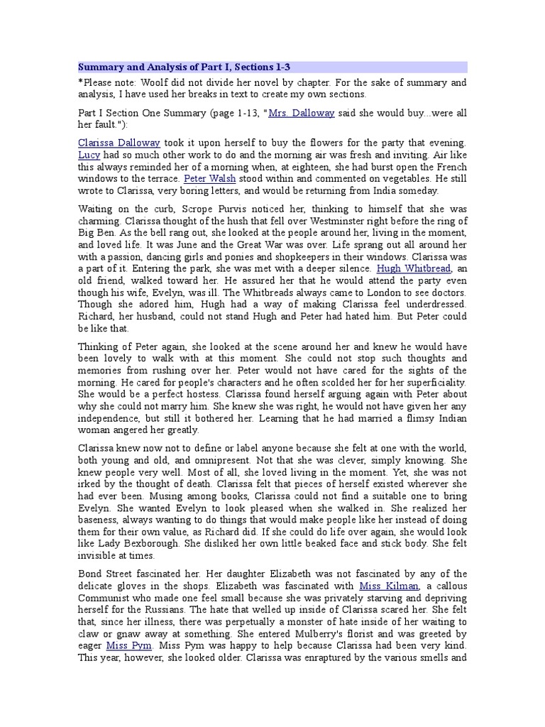 Analysis of Woolf's Mrs. Dalloway Part I Sections 1-3 | PDF | Mrs ...