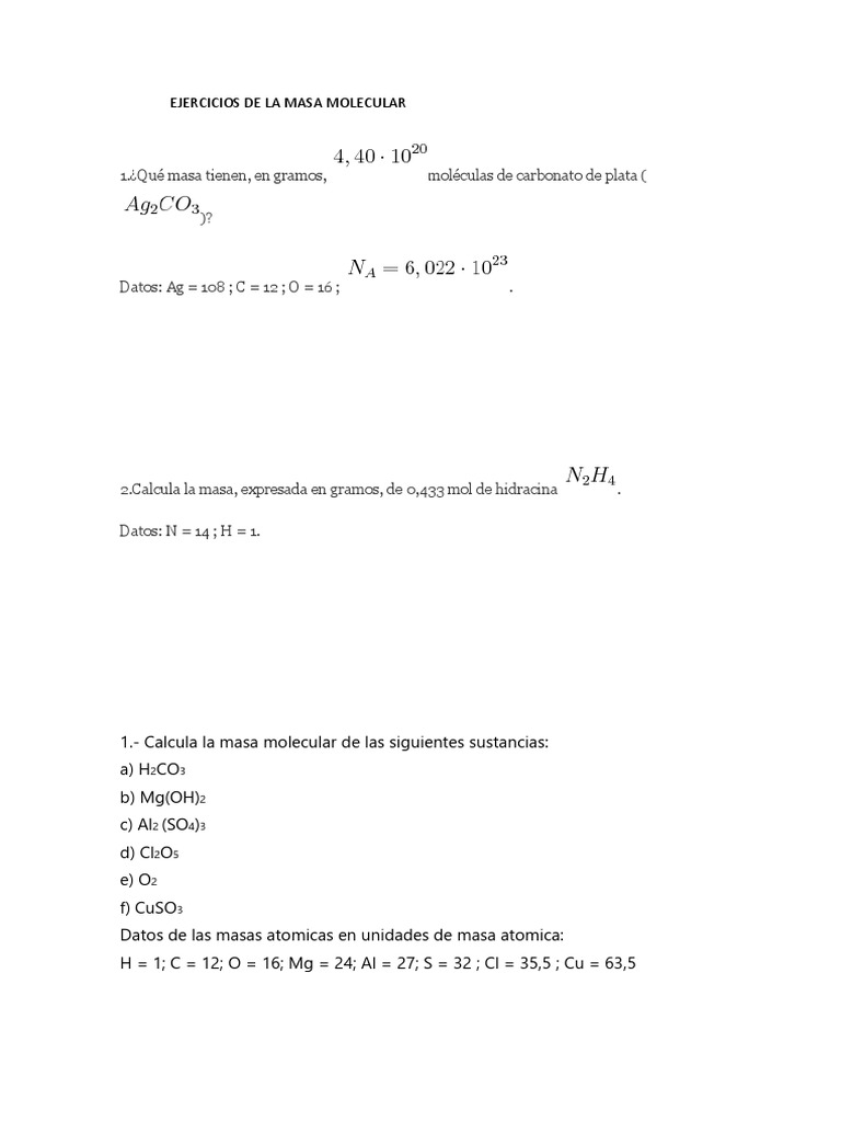Ejercicios de Masa Molecular | PDF