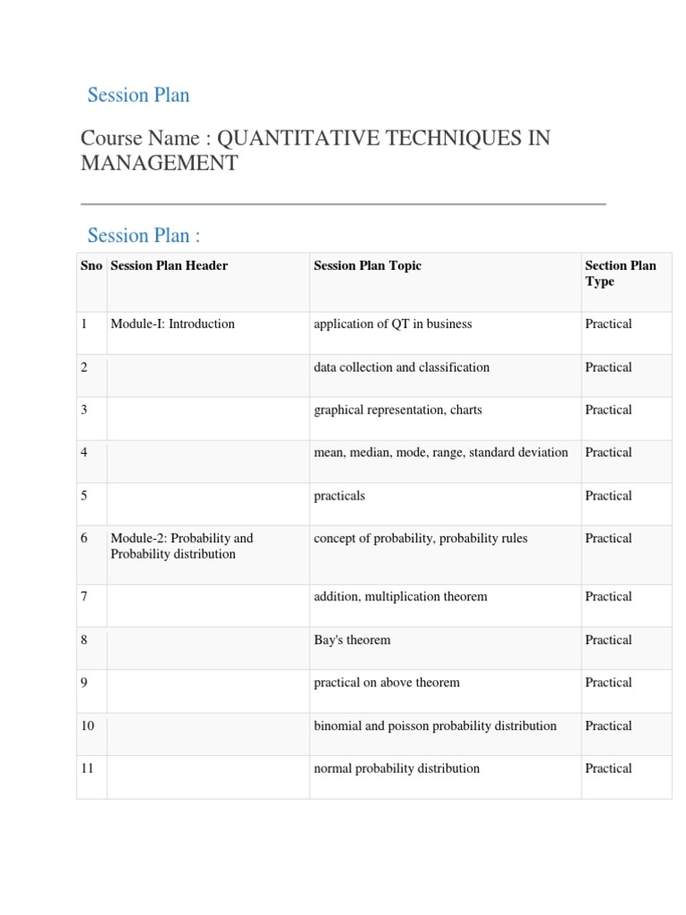 Course Name: Quantitative Techniques in Management: Session Plan | PDF ... Course Name: Quantitative Techniques in Management: Session Plan | PDF ...