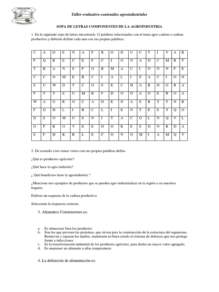 Sopa de Letras COMPONENTE AGROINDUSTRIAL Cadena Productiva-Evaluacion ...