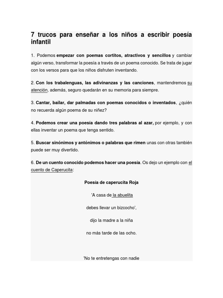 7 Trucos Para Enseñar A Los Niños A Escribir Poesía Infantil Pdf Poesía