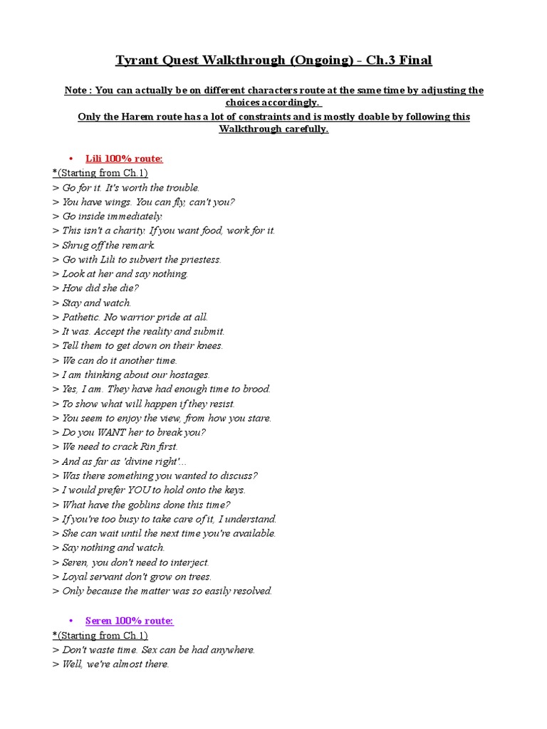 Tyrant Quest Walkthrough (Ongoing) - Ch.3 Final: Lili 100% Route | PDF