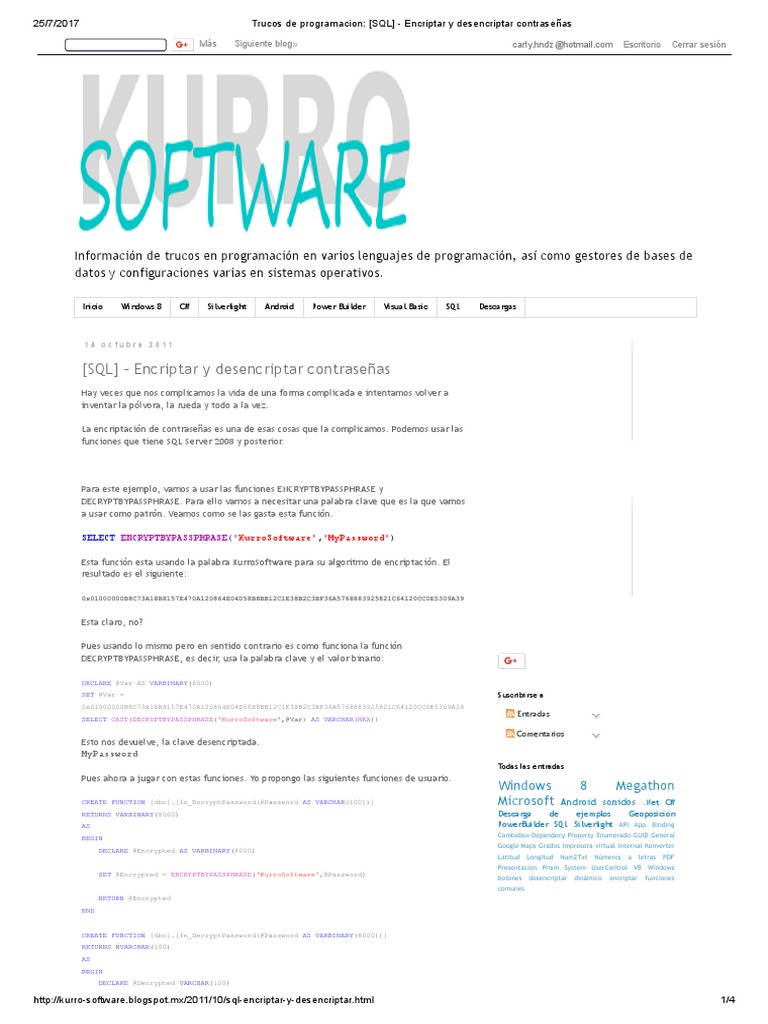 Trucos De Programacion Sql Encriptar Y Desencriptar Contraseñas Pdf Sql Criptografía