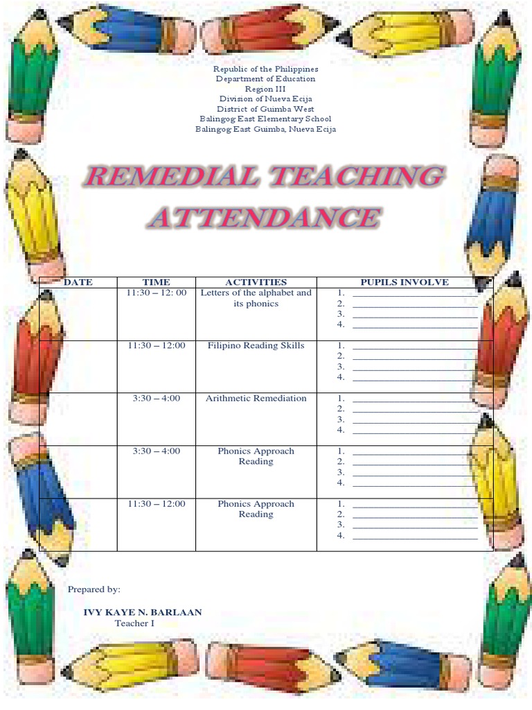 Attendance For Remedial Teaching | PDF | Phonics | Pedagogy