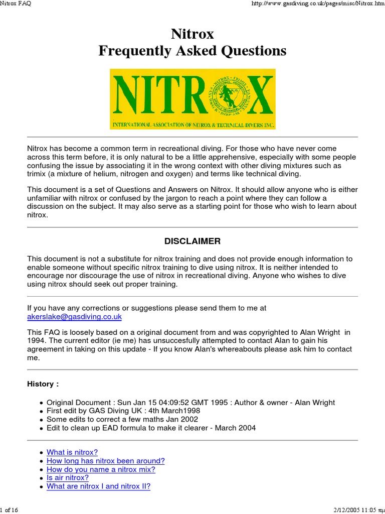 Nitrox Frequently Asked Questions: Disclaimer | PDF | Scuba Diving ...