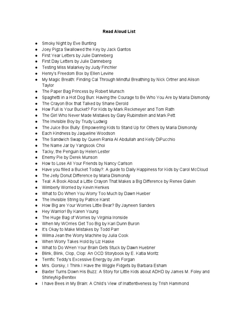 Read Aloud List | PDF | American Children's Writers | Children's Literature