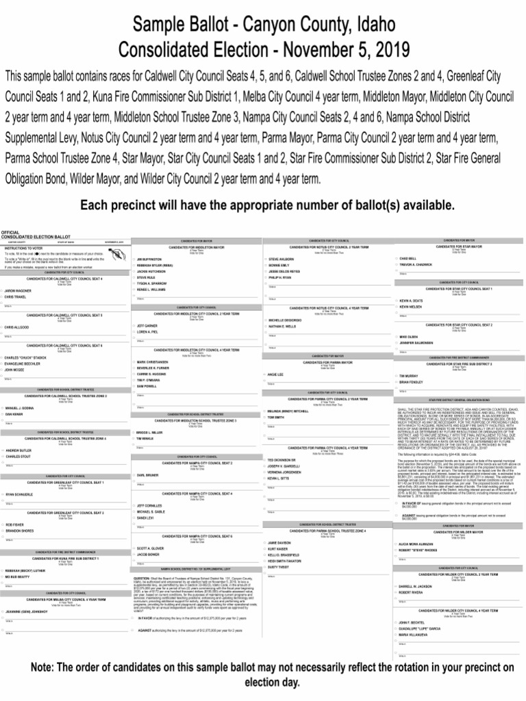 Canyon County Nov. 5 Sample Ballot | PDF | Voting