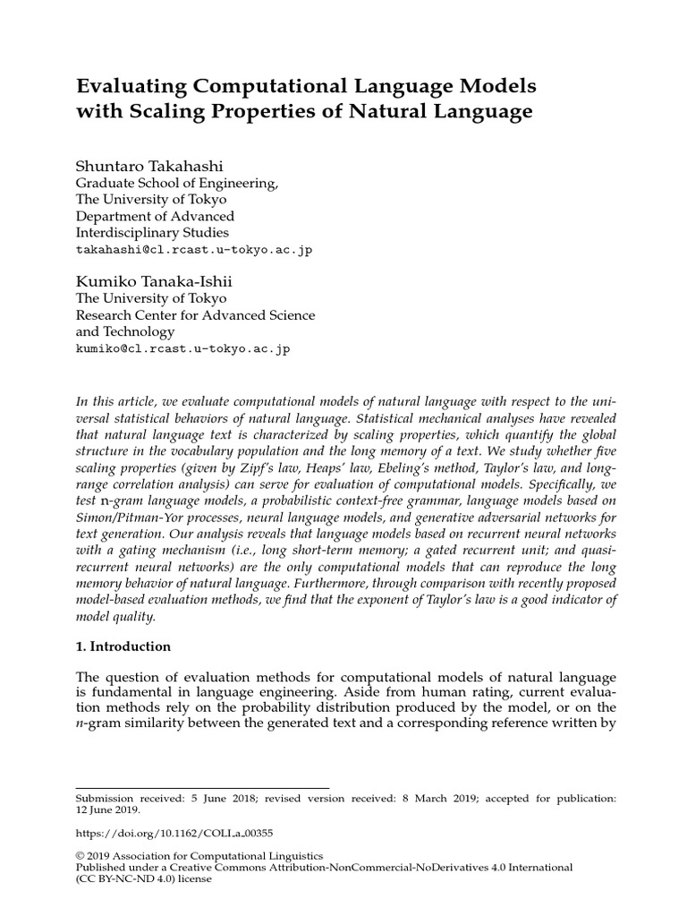 Evaluating Computational Language Models With Scaling Properties of Natural Language | PDF ...