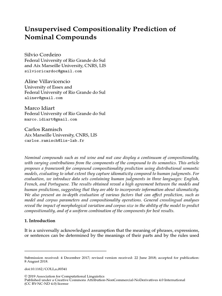 Unsupervised Compositionality Prediction of Nominal Compounds | PDF | Semantics | Noun