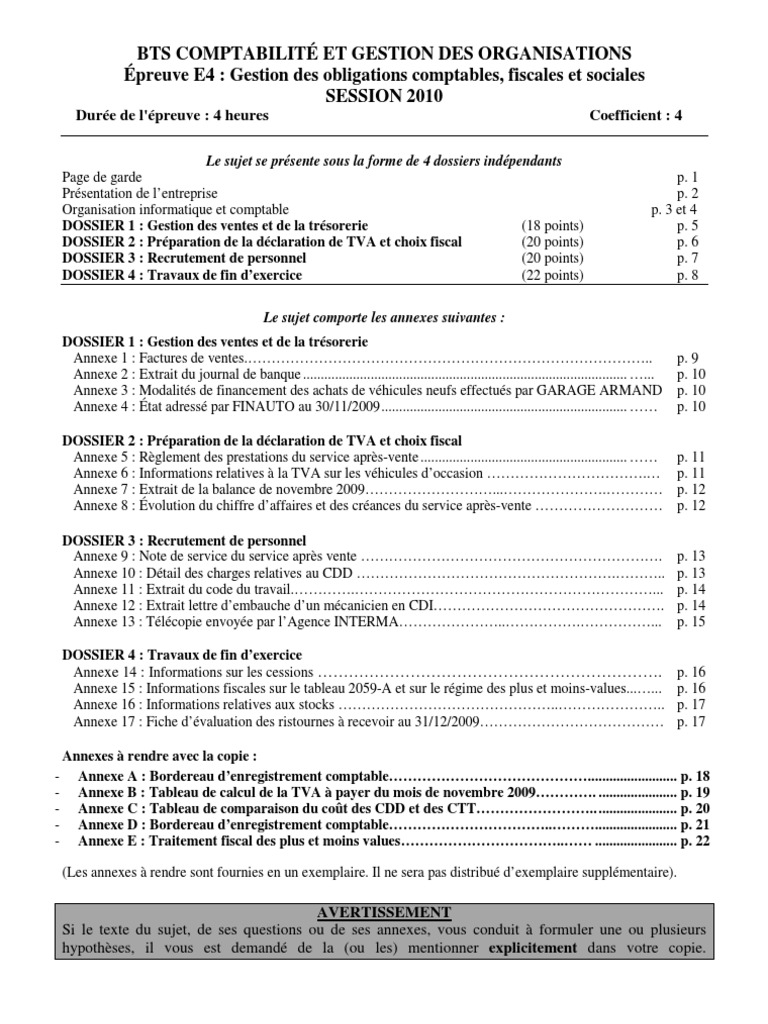 BTS CGO - Gestion Des Obligations Comptables Fiscales Et Sociales - 2010 | PDF | Dépréciation ...