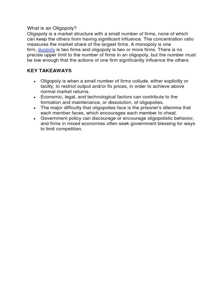 What Is An Oligopoly?: Key Takeaways | PDF