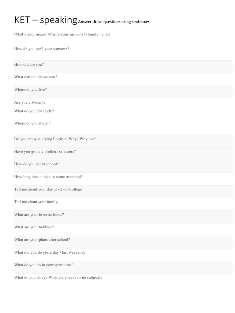 KET - Speaking: Answer These Questions Using Sentences | PDF