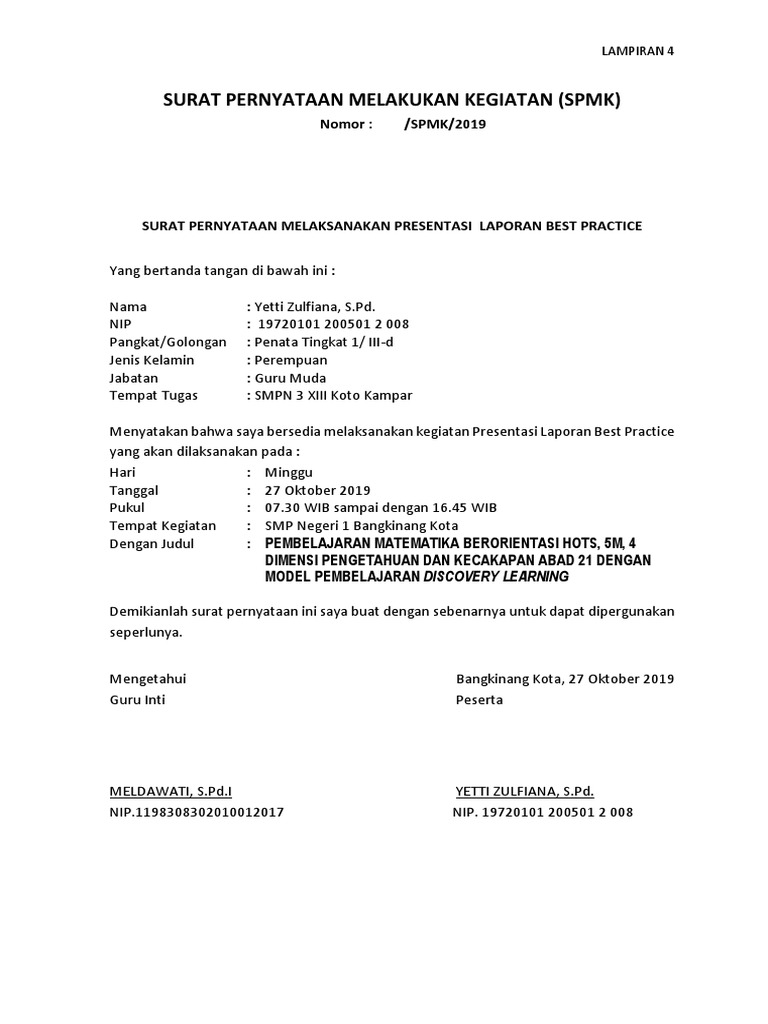 Surat Pernyataan Melakukan Kegiatan (SPMK) | PDF
