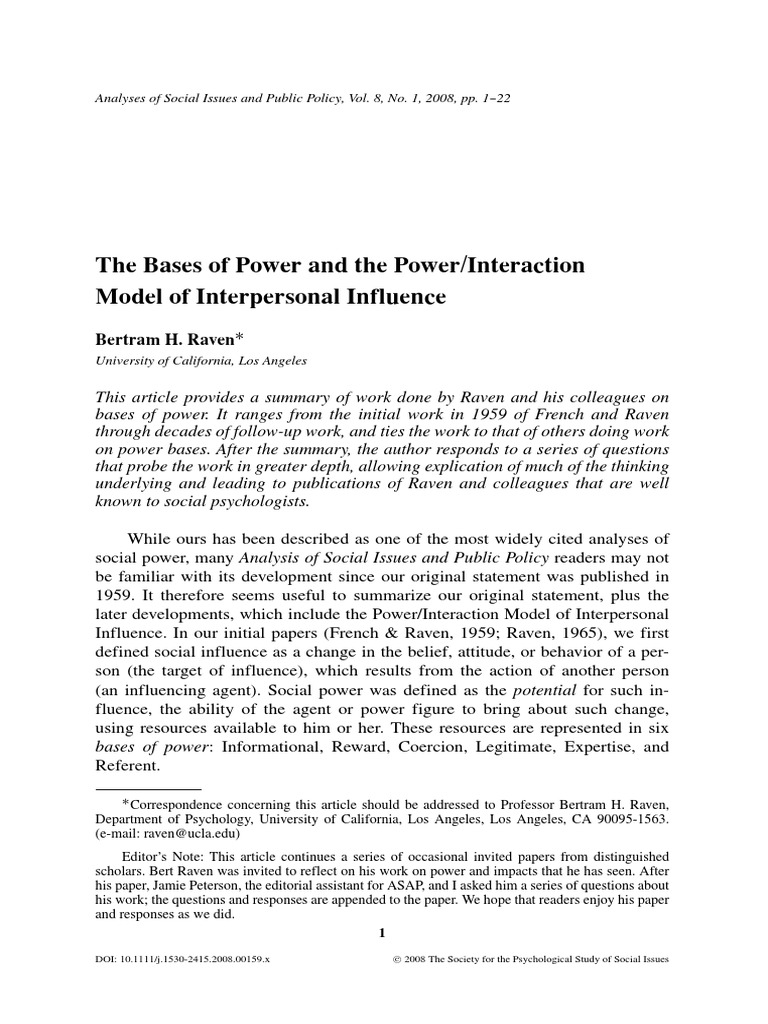 The Bases of Power and The Power/Interaction Model of Interpersonal ...