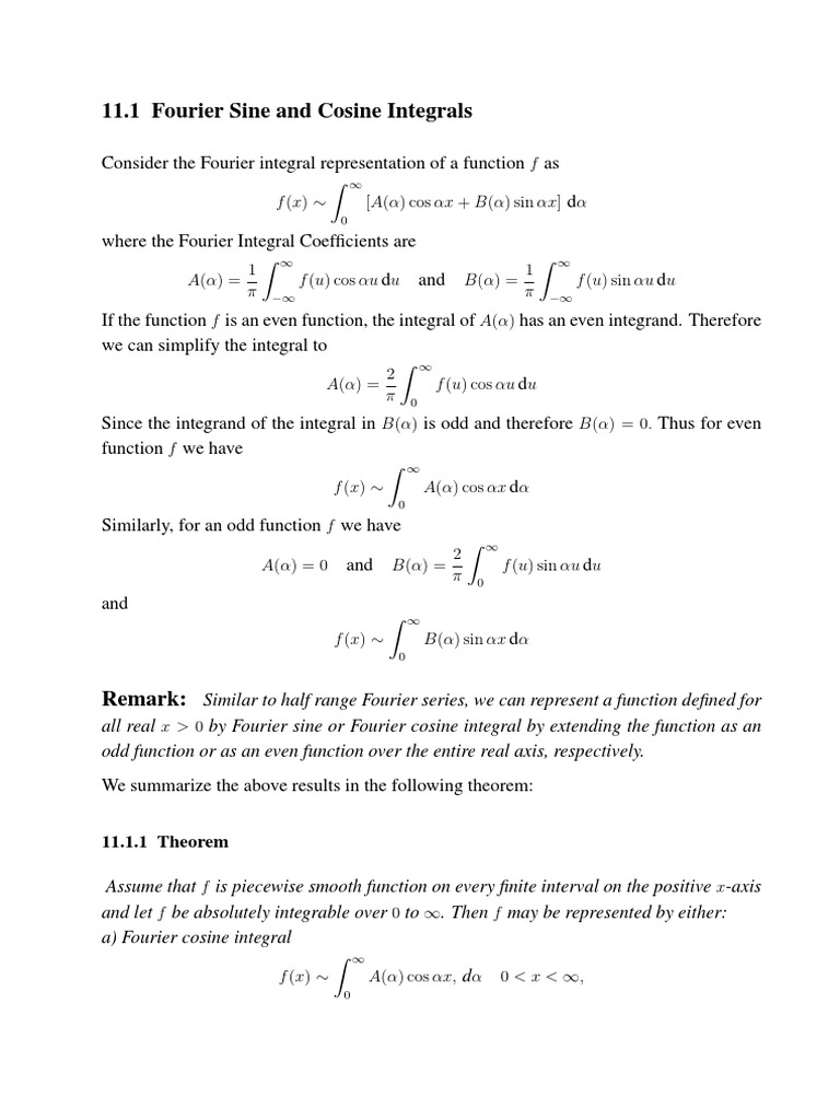11.1 Fourier Sine and Cosine Integrals | PDF | Sine | Fourier Series