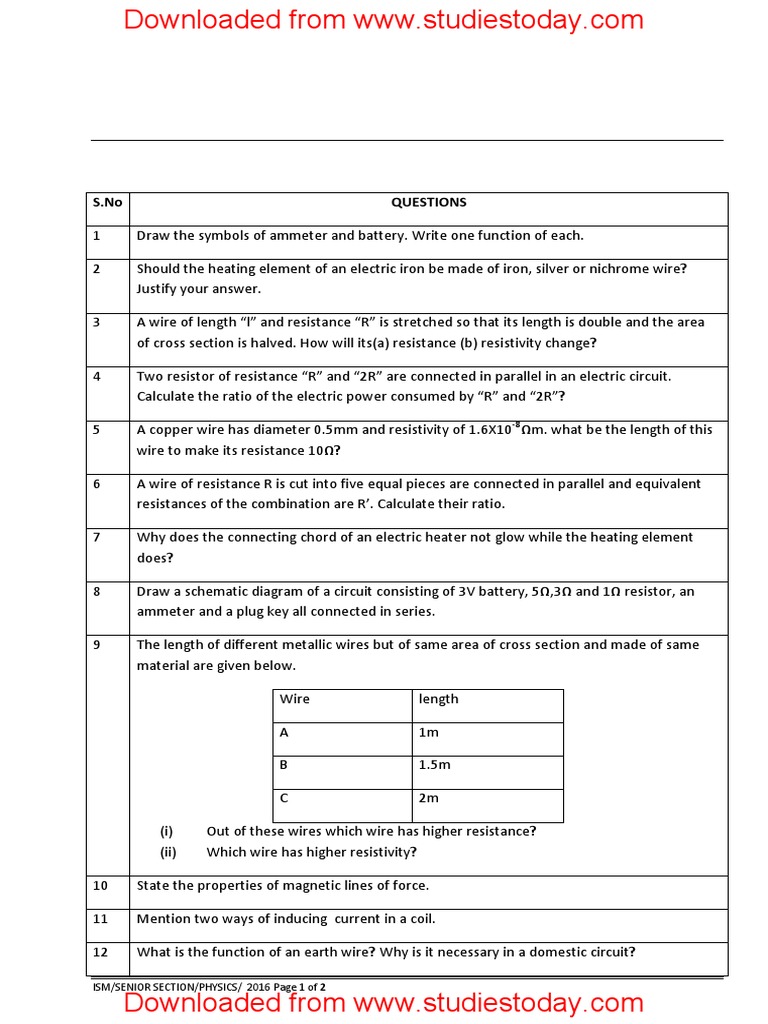 CBSE Class 10 Physics Worksheet - Revision PDF | PDF | Series And ...