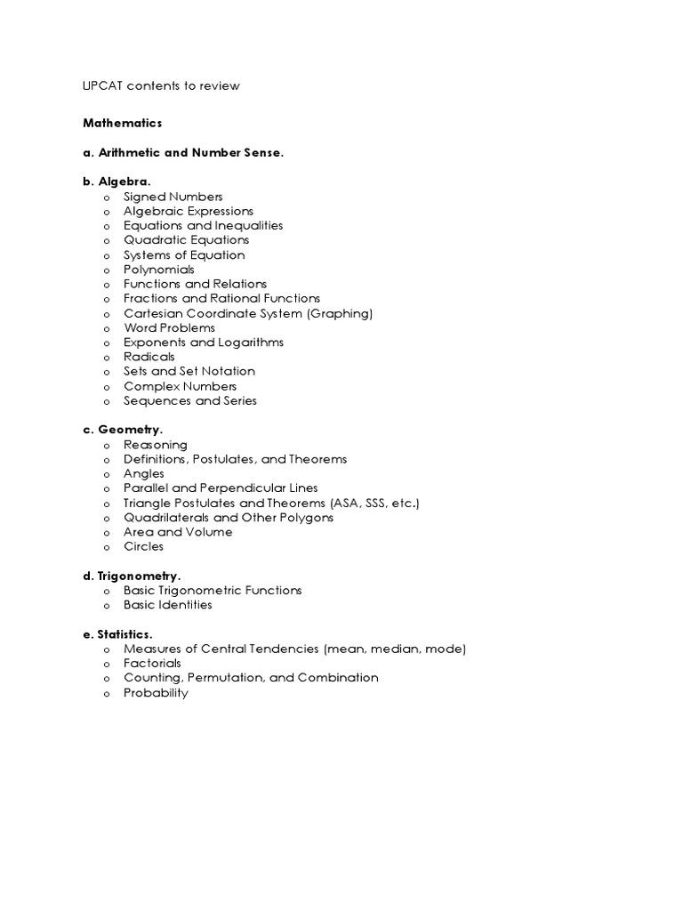 UPCAT Contents To Review | PDF | Equations | Function (Mathematics)