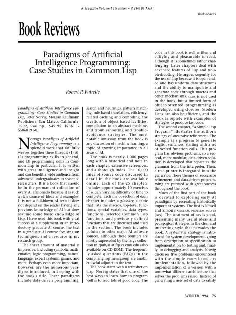 Book Reviews: Paradigms of Artificial Intelligence Programming: Case Studies in Common Lisp ...