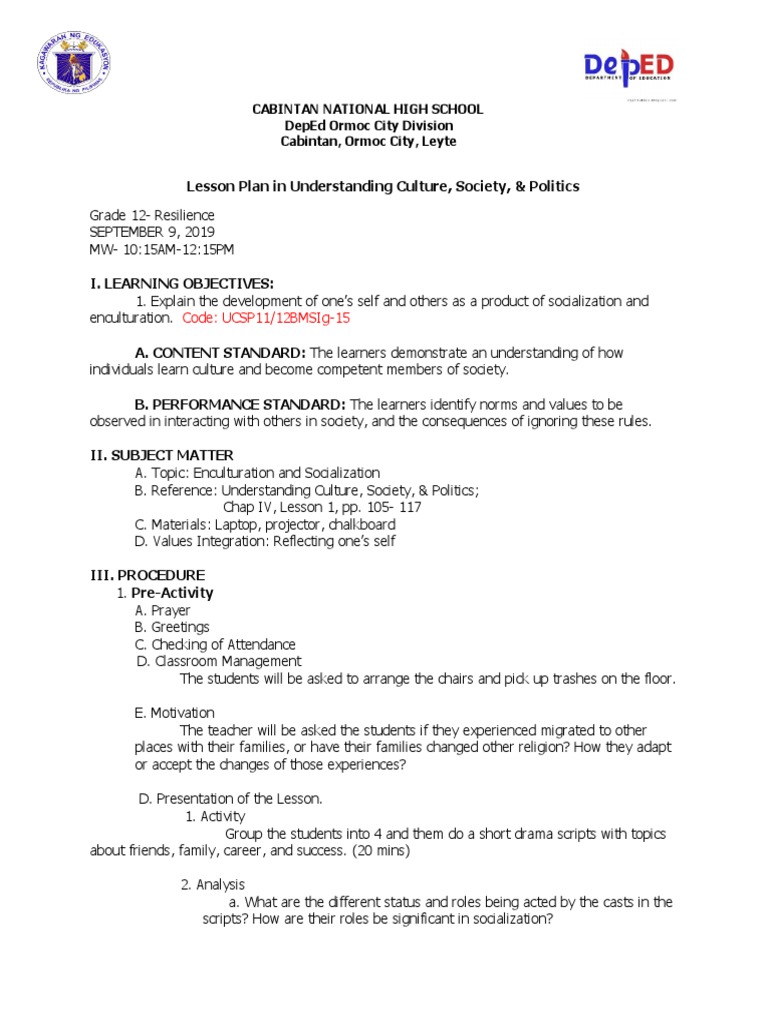Lesson Plan in UCSP | PDF | Socialization | Lesson Plan