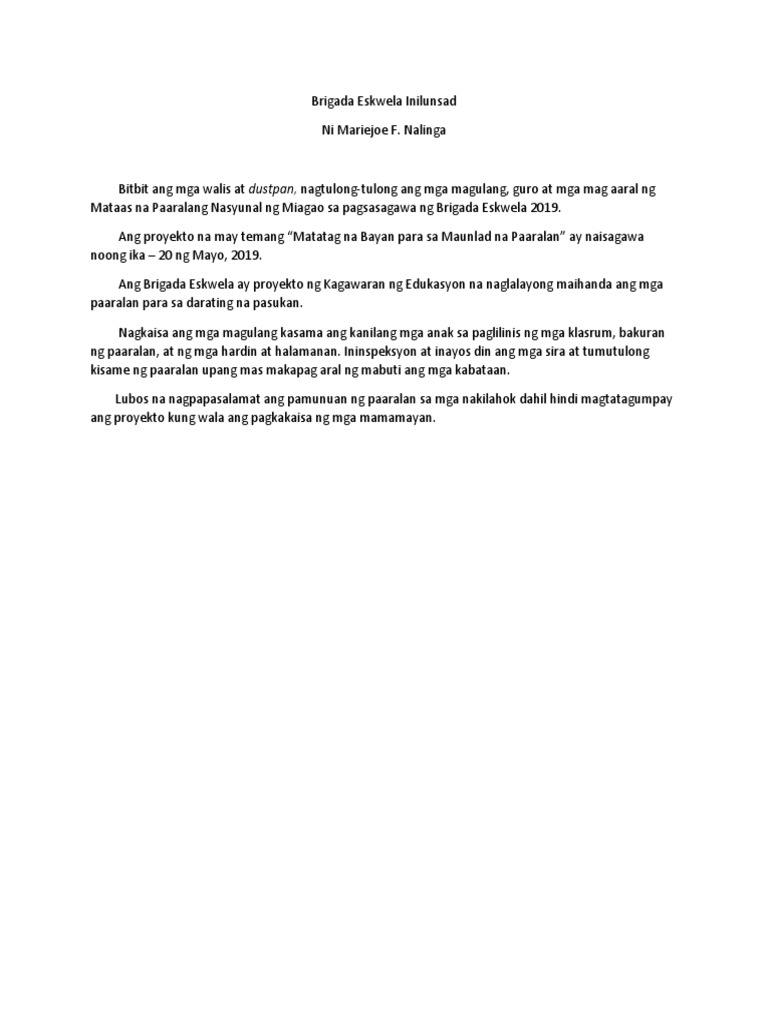 Brigada Eskwela 2019 - Nalinga | PDF