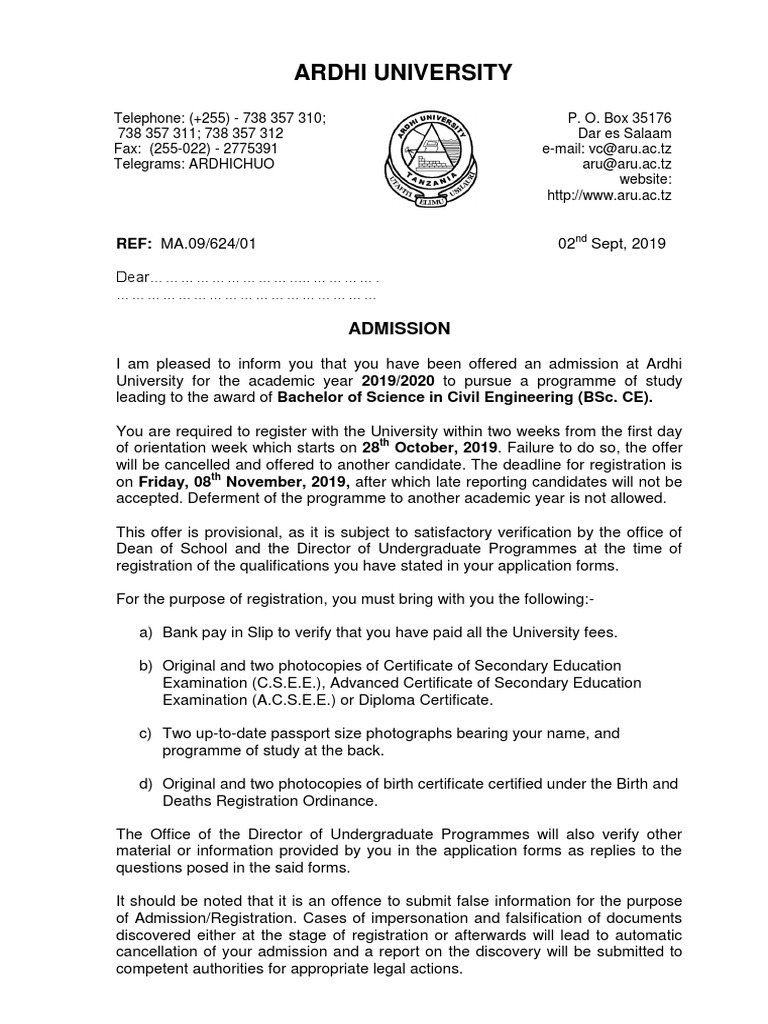 Admission Letter - BSc. in Civil Engineering | PDF | University And ...