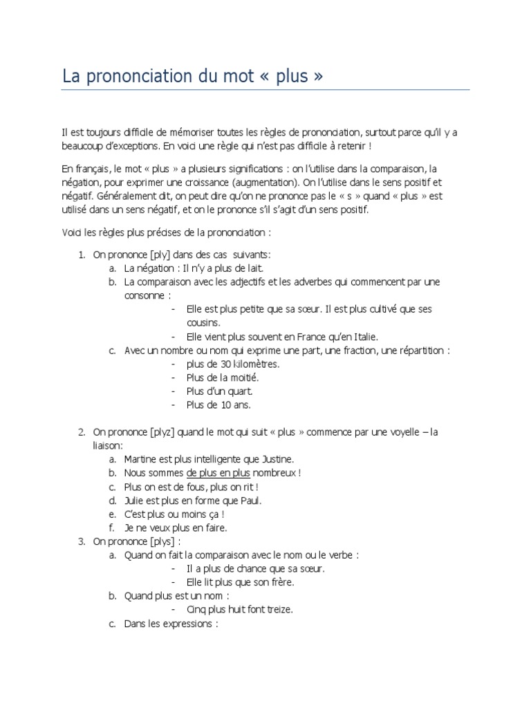 Prononciation du mot « plus » en français | PDF | Grammaire | Typologie ...