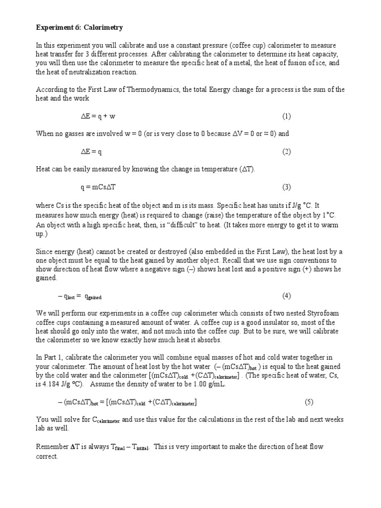 Experiment 6 Calorimetry | PDF | Calorimetry | Heat