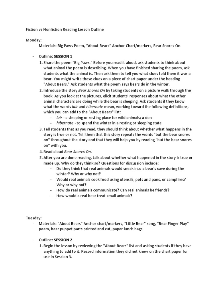 Fiction Vs Nonfiction Reading Lesson Outline | PDF | Bears | Books