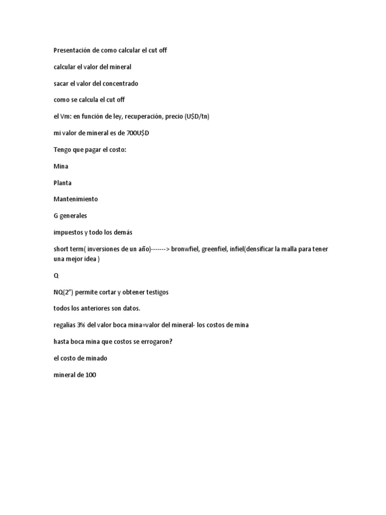 Cálculo del Cut Off en Minería | PDF | Métodos y materiales de ...