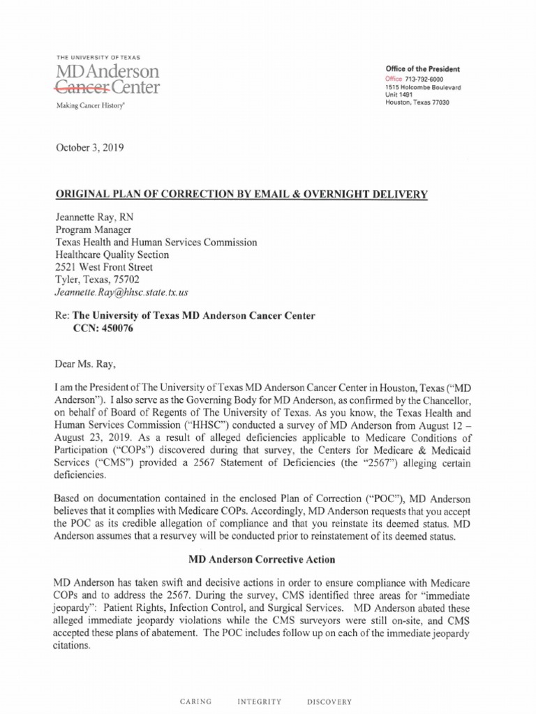 MDACC PoC Cover Letter Signed10!03!19 | PDF