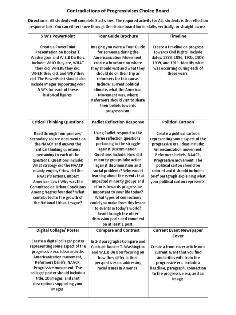 The Progressive Era Choice Board | PDF | Progressivism | Progressive Era