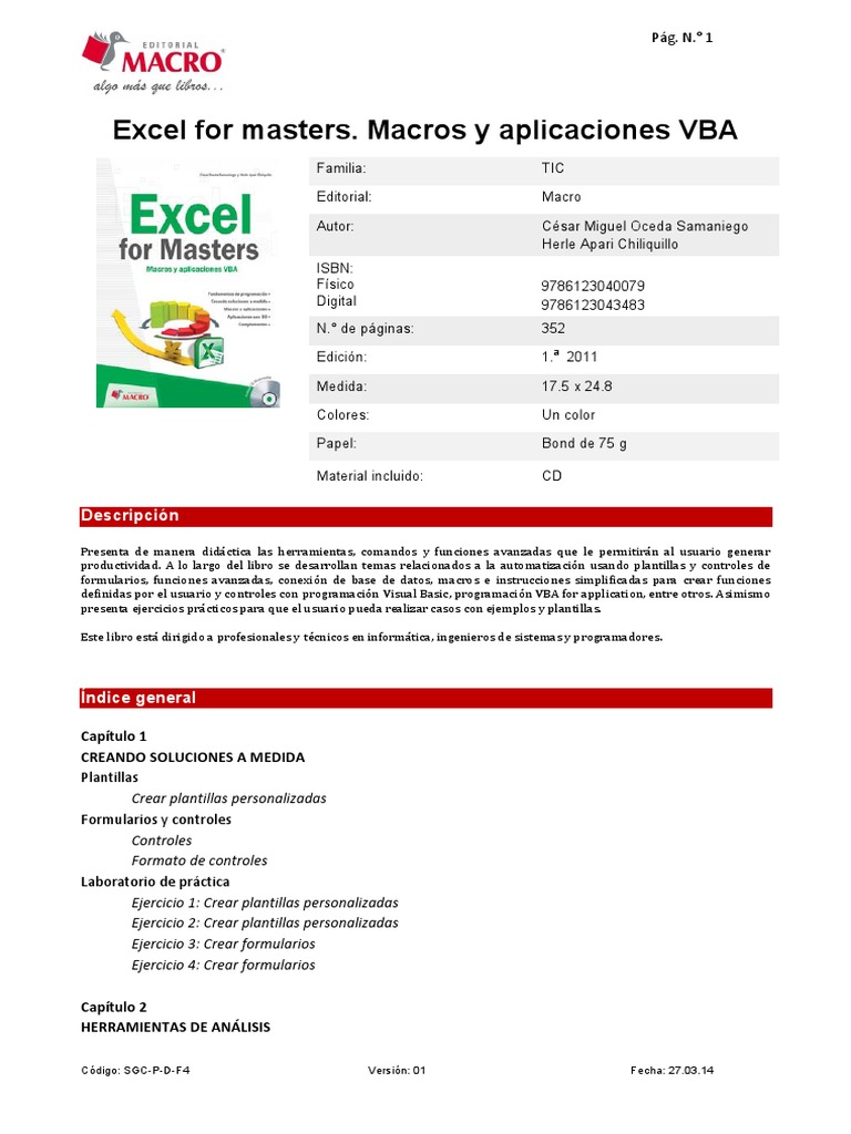 Excel For Masters. Macros y Aplicaciones VBA | PDF | Tabla (base de datos) | Macro (informática)