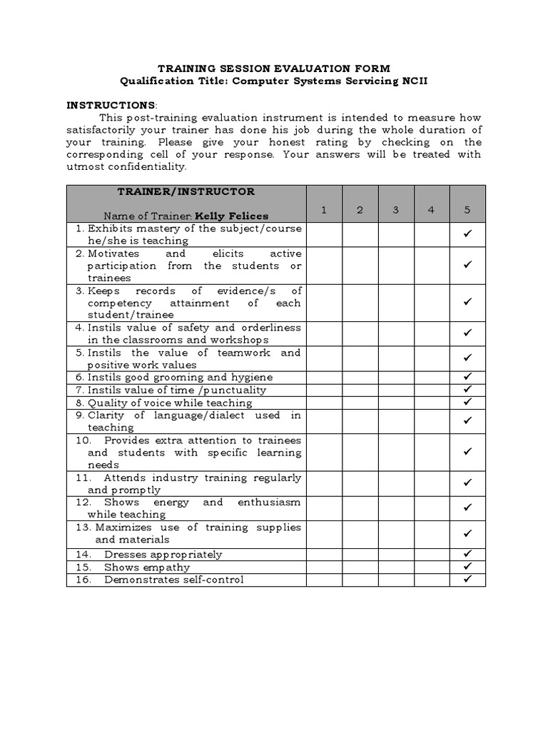 Training Session Evaluation Form Qualification Title Computer Systems