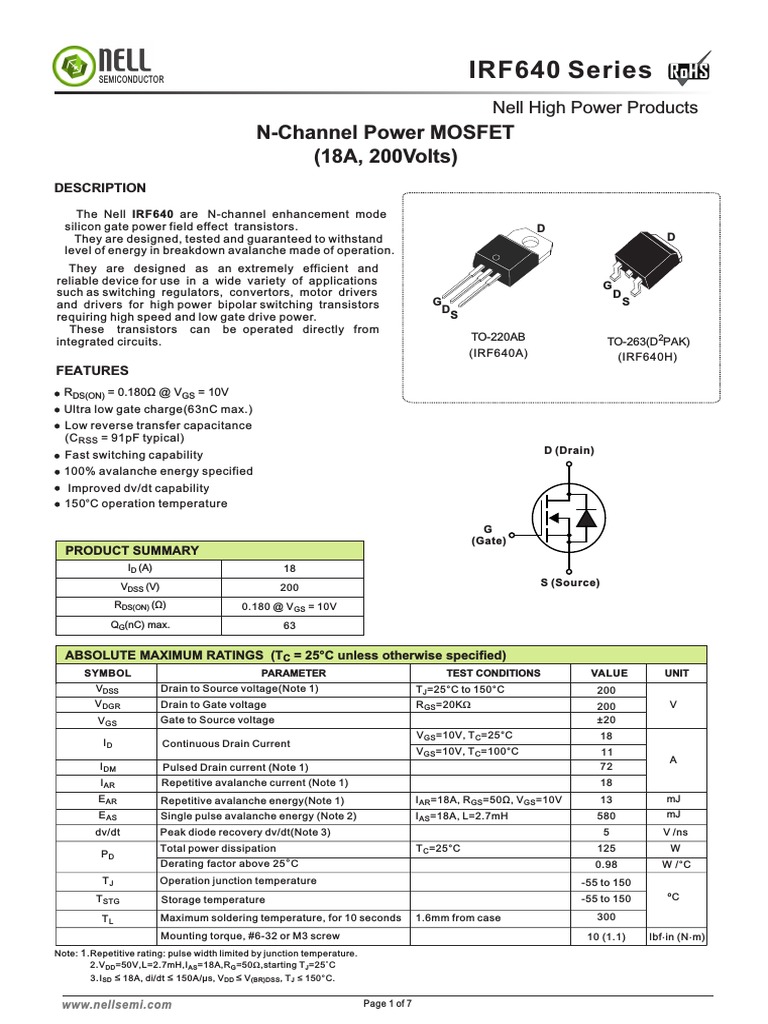 IRF640 Series: N-Channel Power MOSFET (18A, 200volts) Description | PDF ...