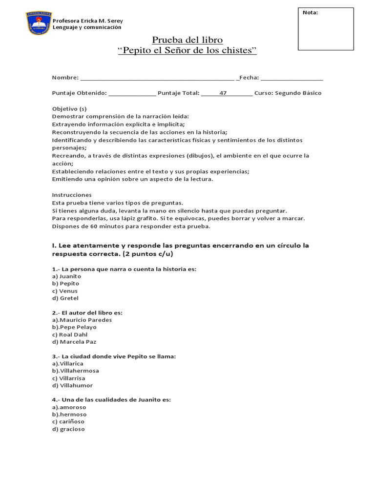 Prueba Del Libro Pepito El Señor de Los Chistes | PDF