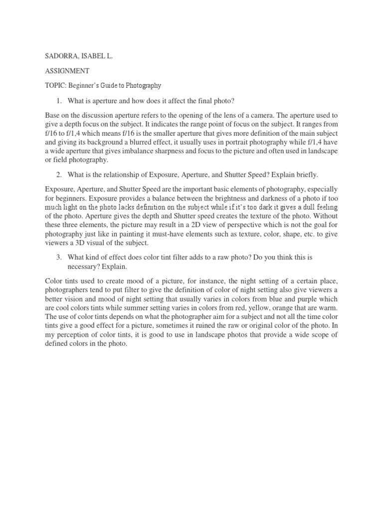 Beginner Photography Assignment Guide | PDF