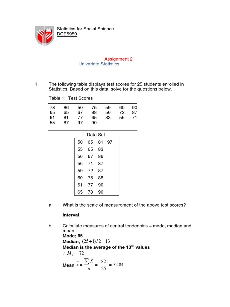 Univariate Statistics: Assignment 2 | PDF | Median | Mode (Statistics)