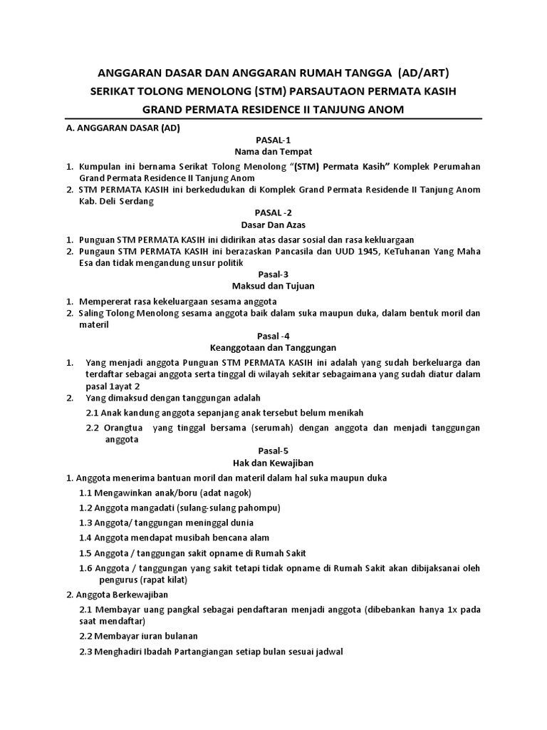 Anggaran Dasar Dan Anggaran Rumah Tangga (Ad/Art) Serikat Tolong Menolong (STM) Parsautaon ...