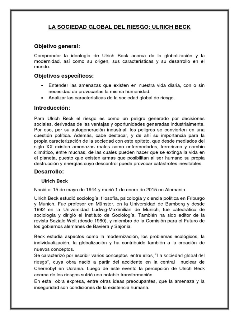 Sociedad de Riesgo Global Ulrich Beck Definitivo | PDF | Sociedad | Science
